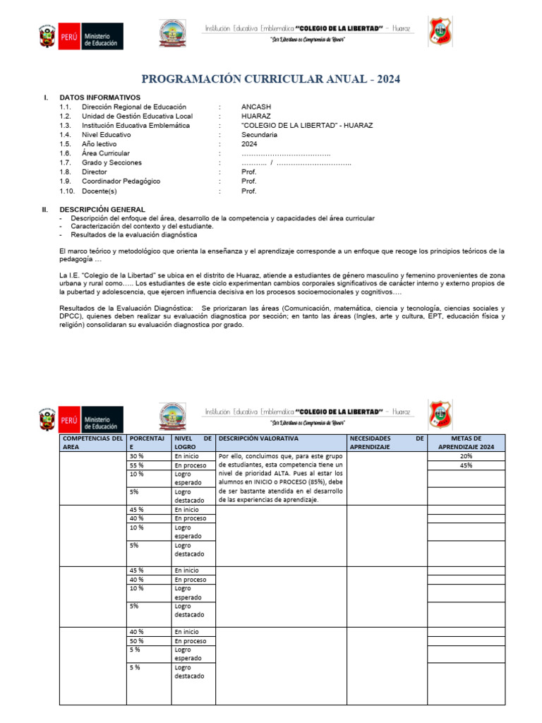 Programacion Curricular Anual - 2024 | PDF | Evaluación | Maestros