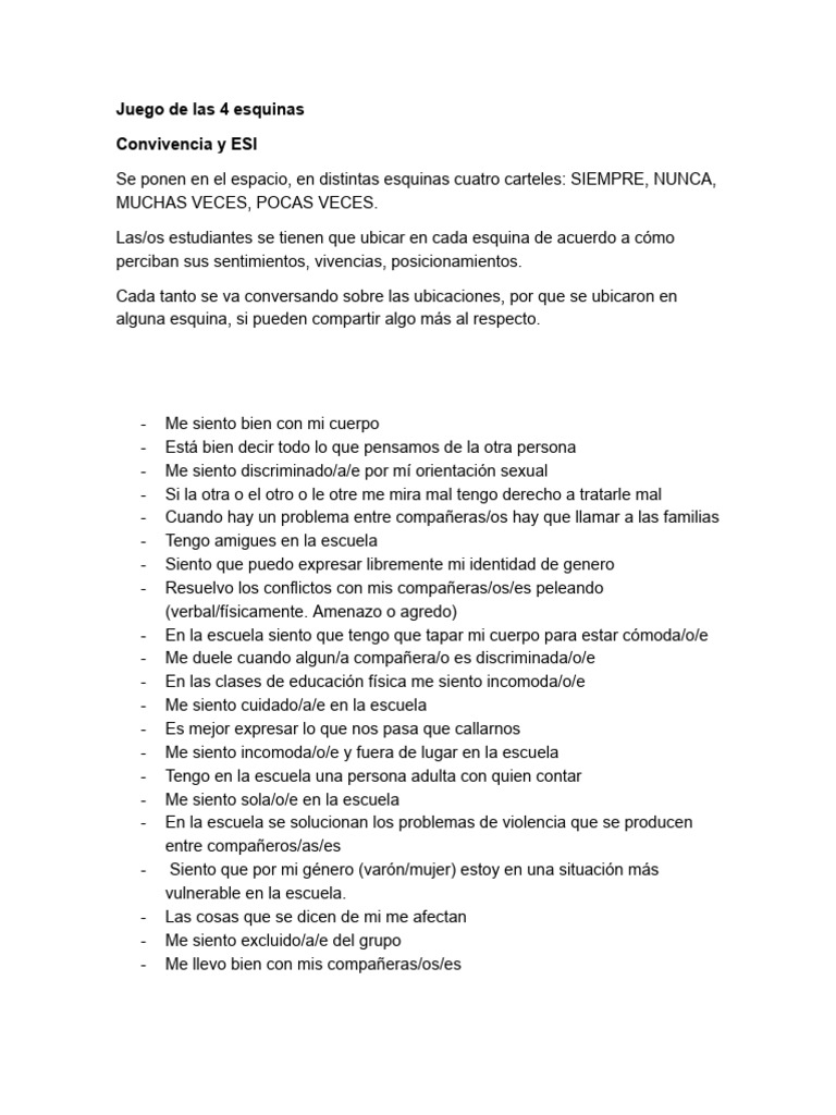 Juego de Las 4 Esquinas para Primera Jornada de Convivencia en ES | PDF