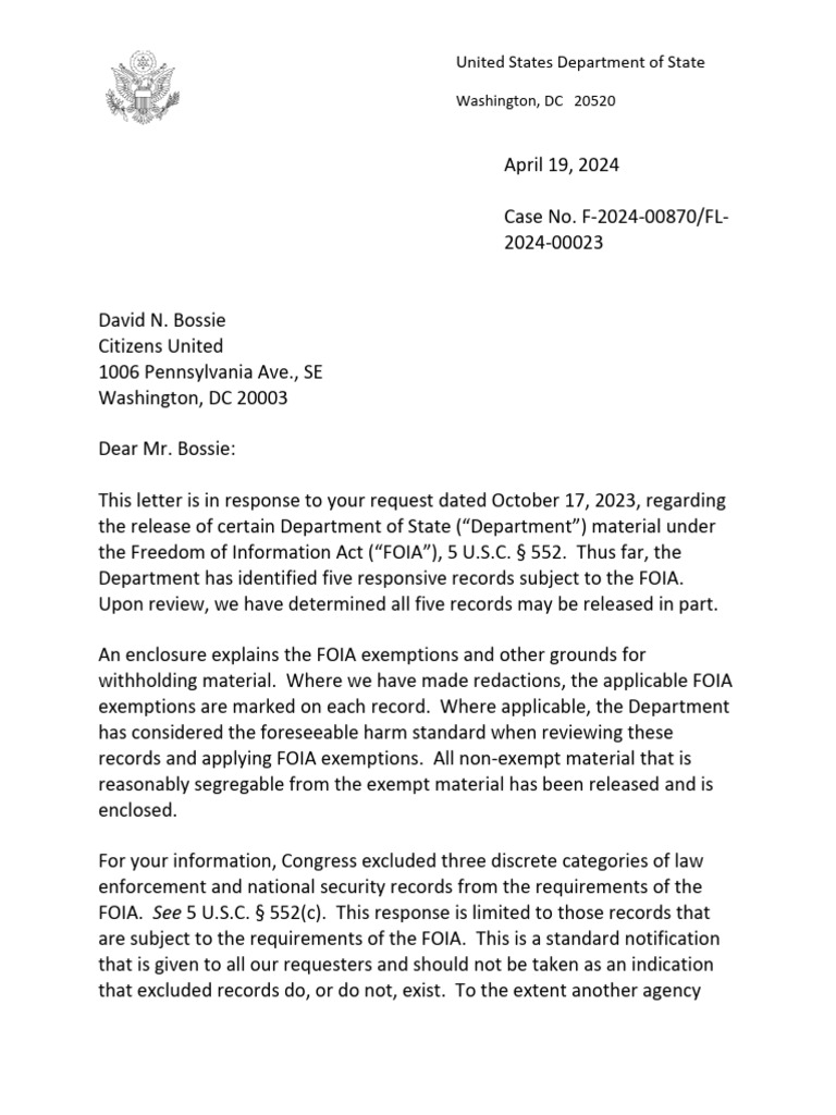 CU v. State and Defense FOIA Production #1 (Iranian Influence In Biden ...