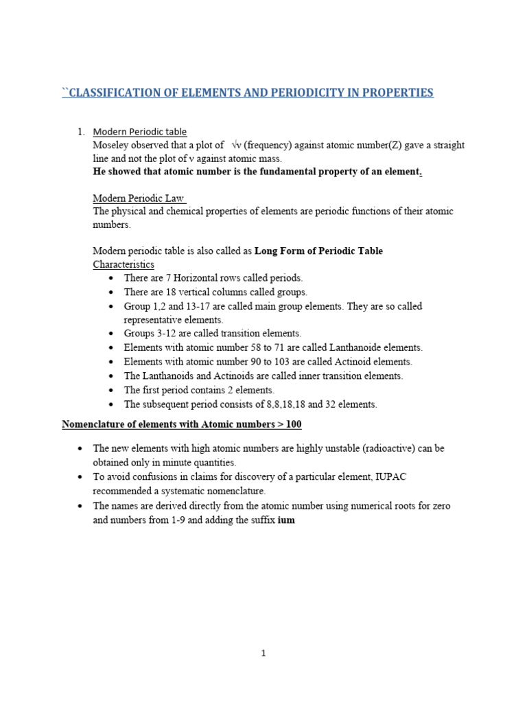 CLASSIFICATION OF ELEMENTS AND PERIODICITY IN PROPERTIES (Notes ...