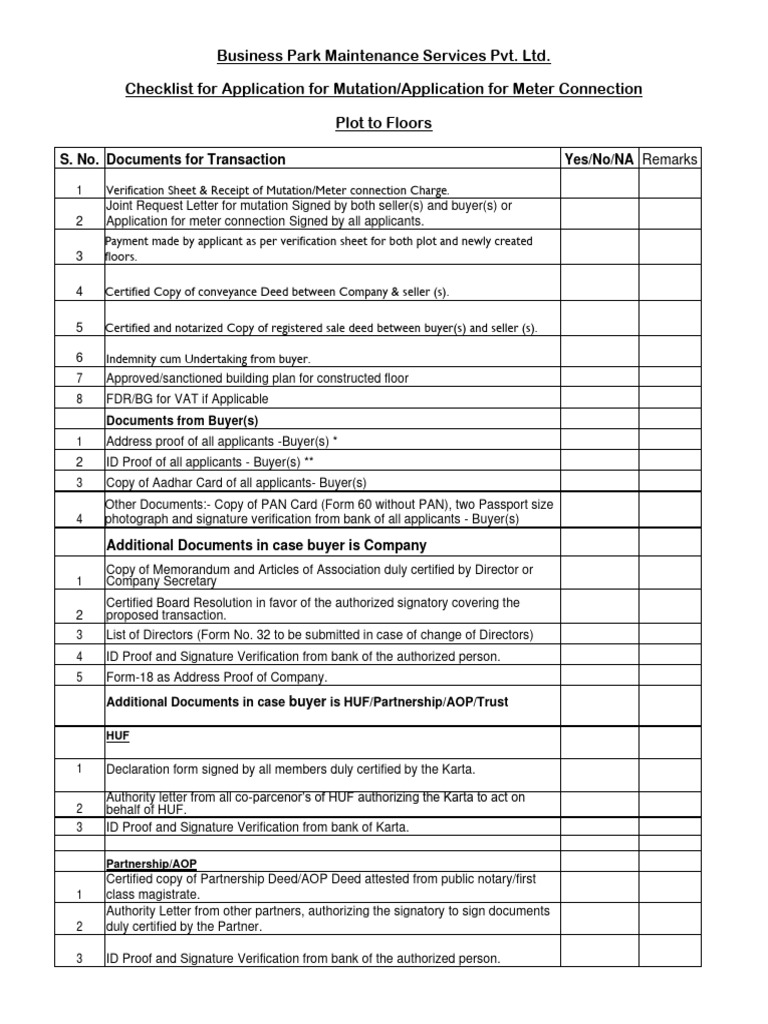 Checklist For Mutation-Meter Connection Application | PDF | Law