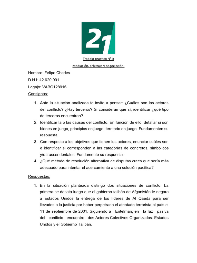 Trabajo Practico N 1 Mediacion Arbitraje y Negociacion | PDF | Arbitraje | Afganistán