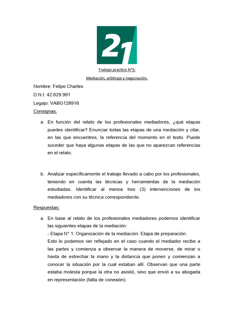 Trabajo Practico N 3 Mediacion, Arbitraje y Negociacion | PDF | Mediación