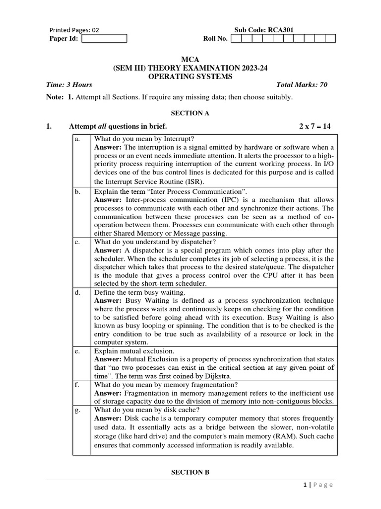 Solution of Operating Systems (RCA301) 2023-24 | PDF | Process (Computing) | Thread (Computing)