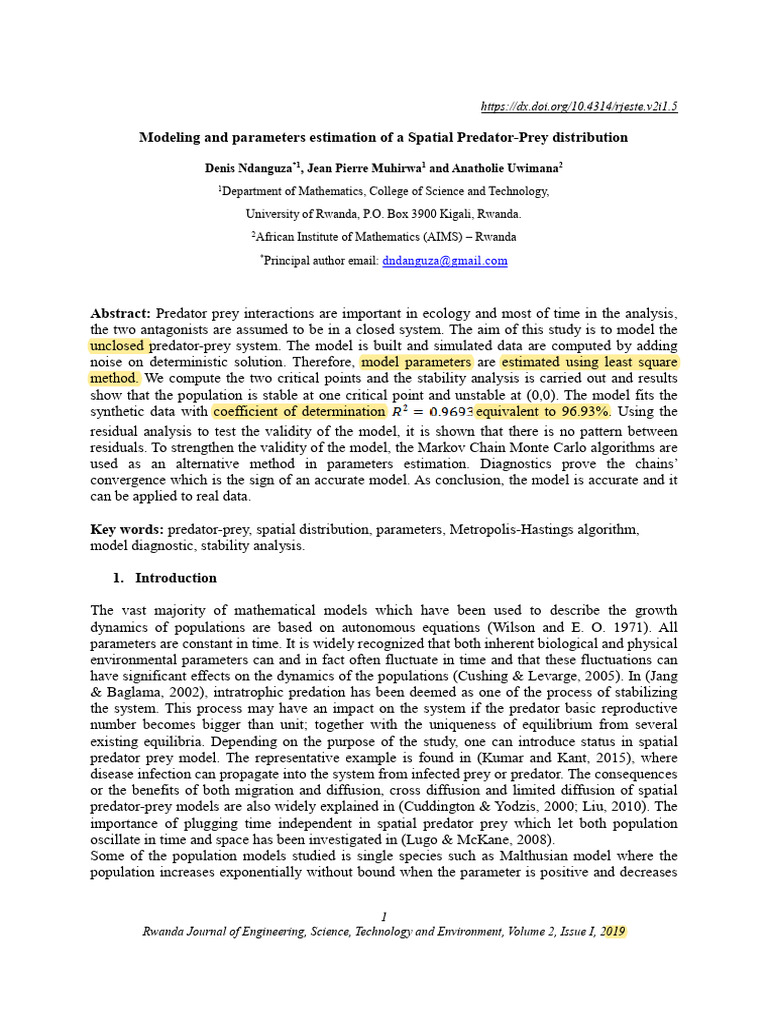 Modeling and parameters estimation of a Spatial Predator-Prey distribution | PDF ...