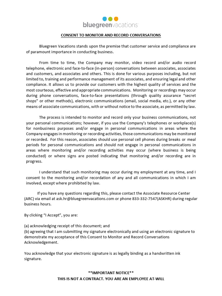 Consent To Monitor and Record Conversations Acknowledgement | PDF ...