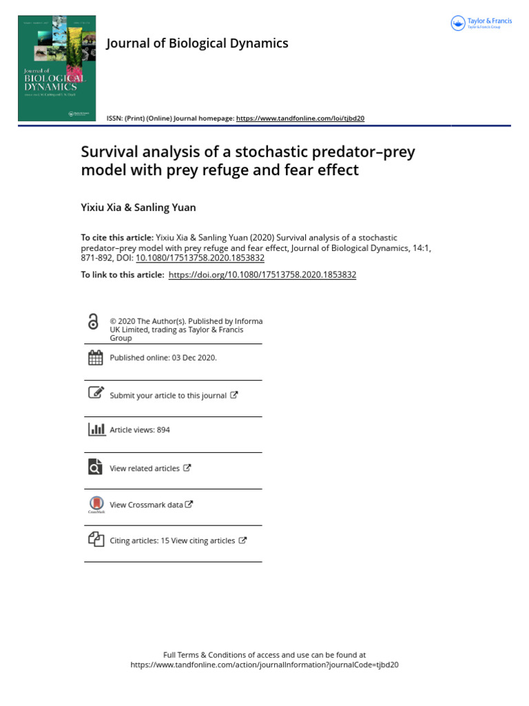 Survival Analysis of A Stochastic Predator Prey Model With Prey Refuge ... Survival Analysis of A Stochastic Predator Prey Model With Prey Refuge ...