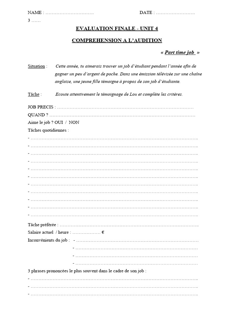 EVALUATION FINALE 4 - CA2 - Part time jobs | PDF | Convenience Food | Food Industry