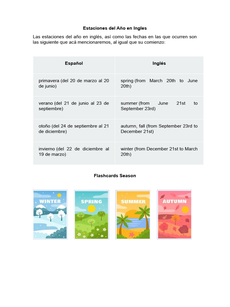 Estaciones del Año en Inglés y Español | PDF | Temporada de primavera ...