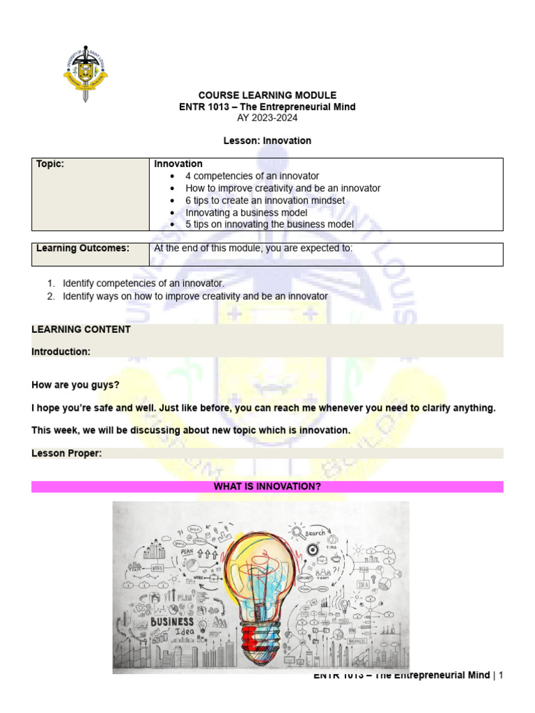 Entr 1013 Week 9 Module Fi | PDF | Innovation | Entrepreneurship