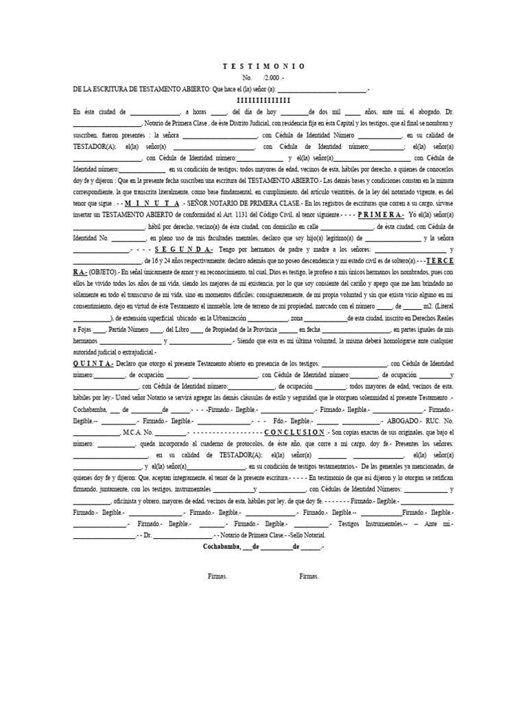 MODELO DE TESTAMENTO ABIERTO | PDF | Documento de identidad | Ley común