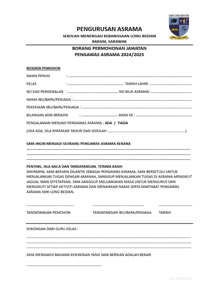 Borang Permohonan Pengawas Asrama 2024 2025 SMKLB | PDF
