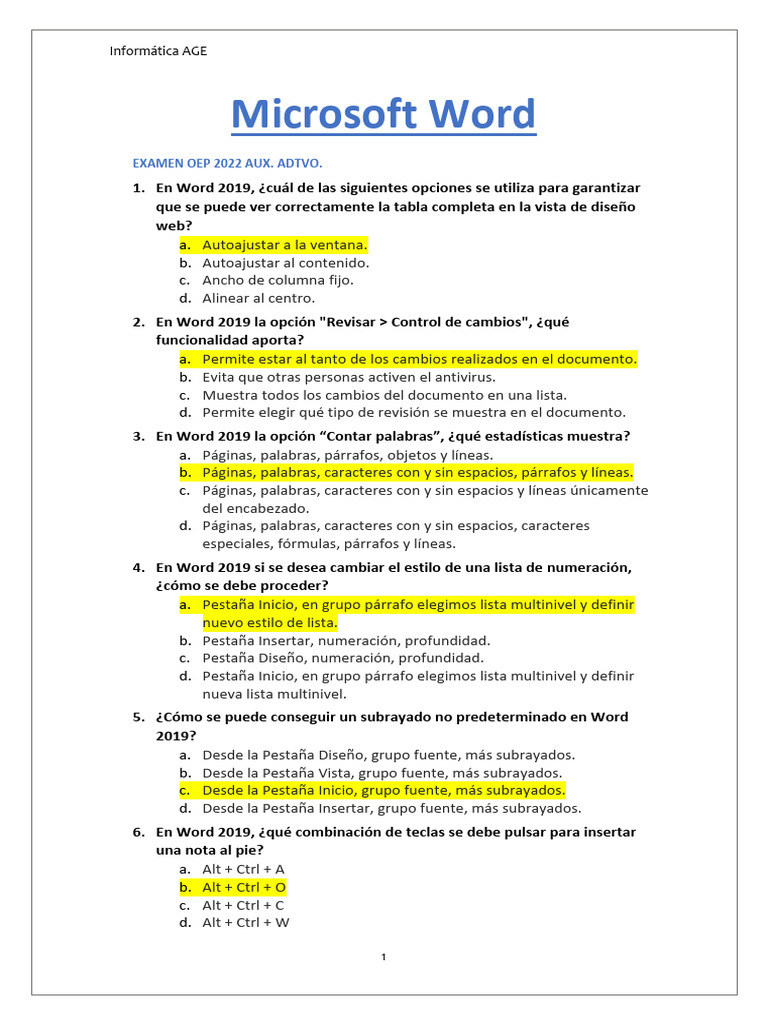 Soluciones+Preguntas+Word+años+anteriores | PDF | Microsoft Word | Archivo de computadora