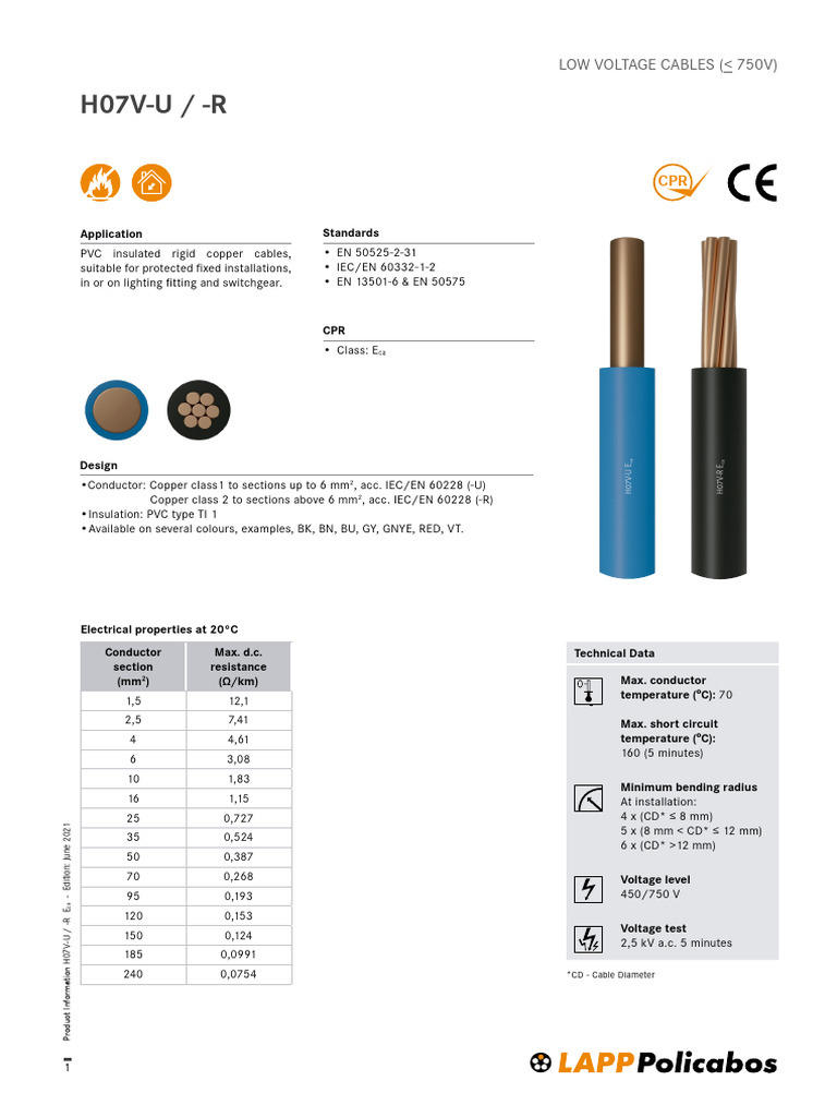 H07V-U / - R: Low Voltage Cables ( 750V) | PDF | Electrical Engineering ...