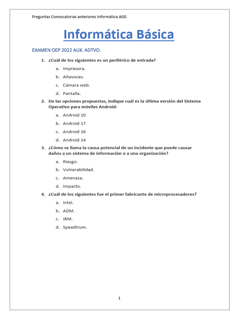 Preguntas Años Anteriores Informática Básica | PDF | Periférico | Poco