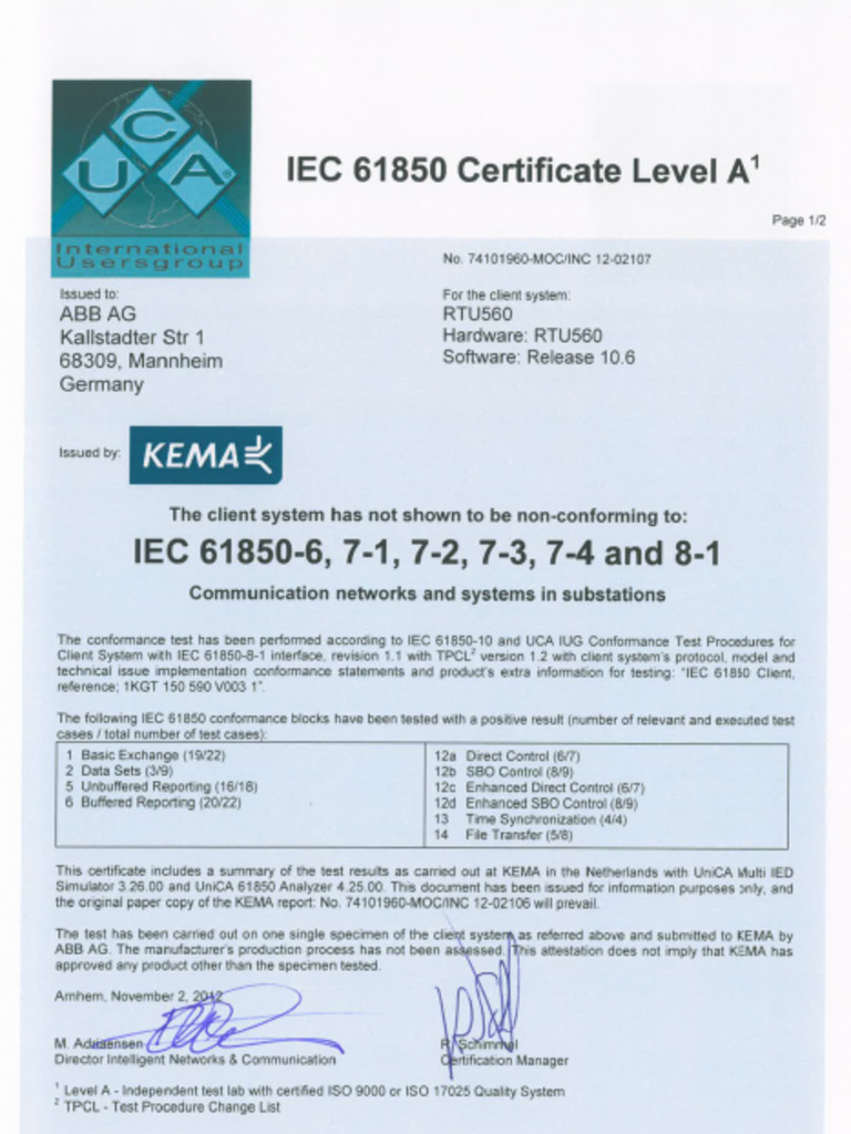 ABB_RTU560_IEC 61850_KEMA Certificate | PDF