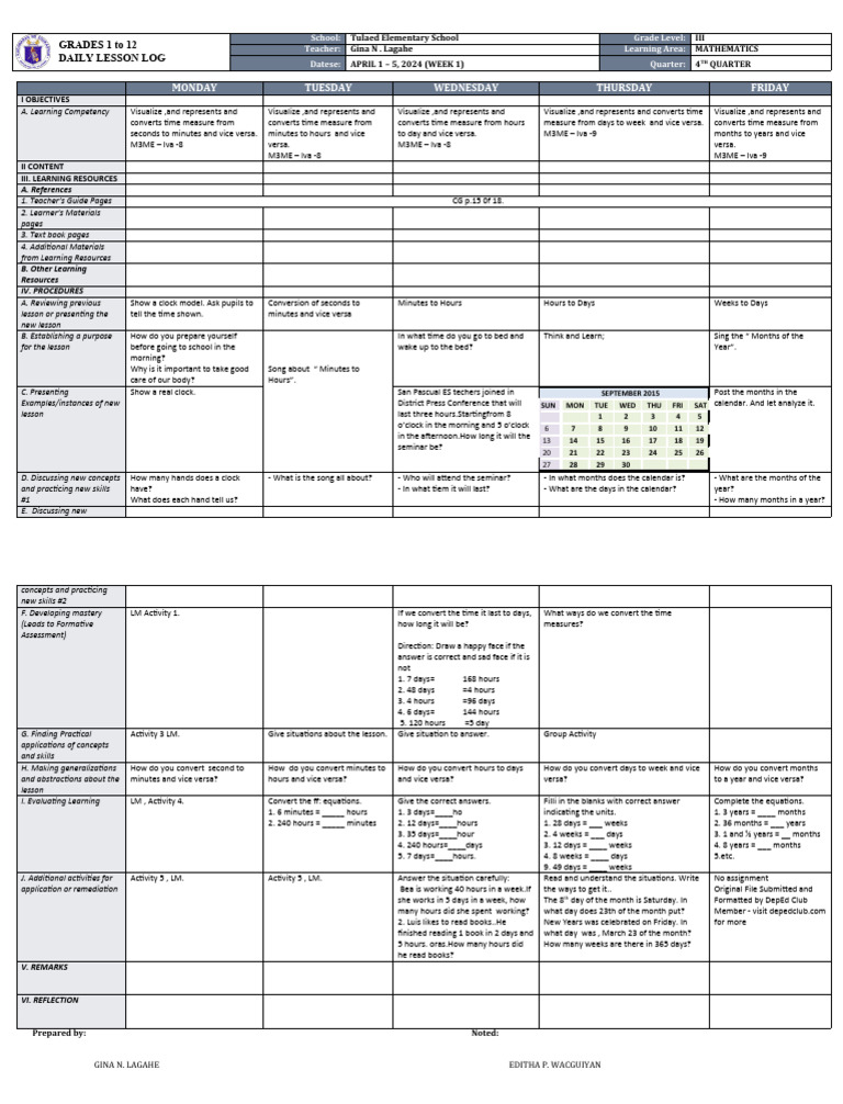 DLL - Mathematics 3 - Q4 - W1 | PDF | Learning | Behavior Modification