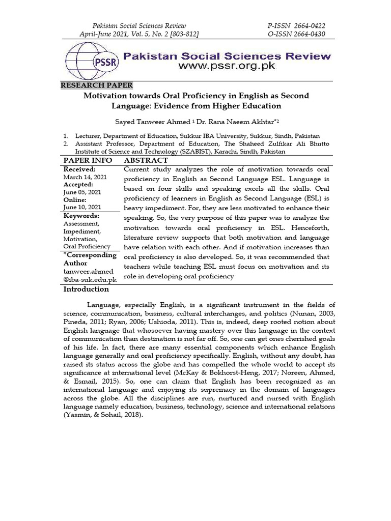 Motivation Towards Oral Proficiency in English As Second Language Evidence From Higher Education ...