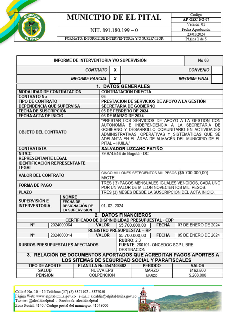 Plantilla Informe de Interventoria o Supervisor Salvador | PDF