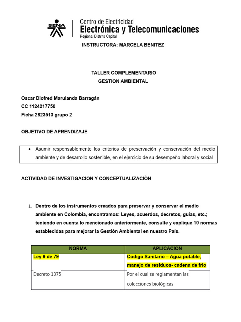 Taller Complementario Gestión Ambiental | PDF | Contaminación | Entorno natural