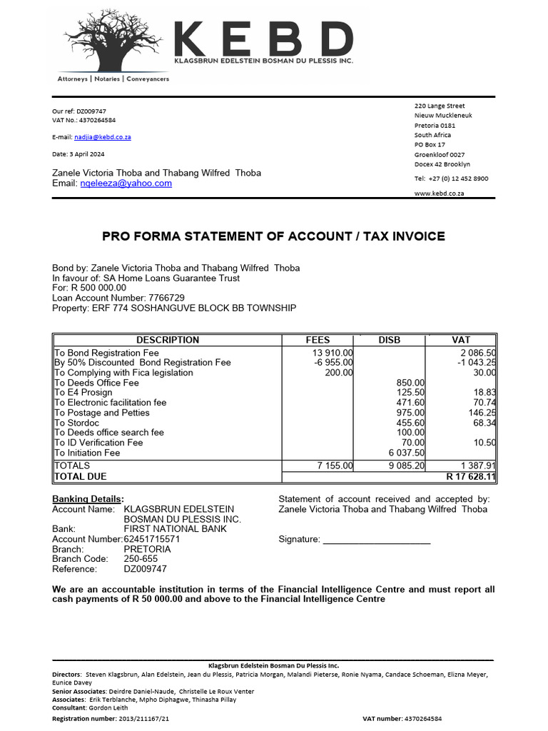 Account - Pro Forma Statement - Fees and Disbursements | PDF | Money ...
