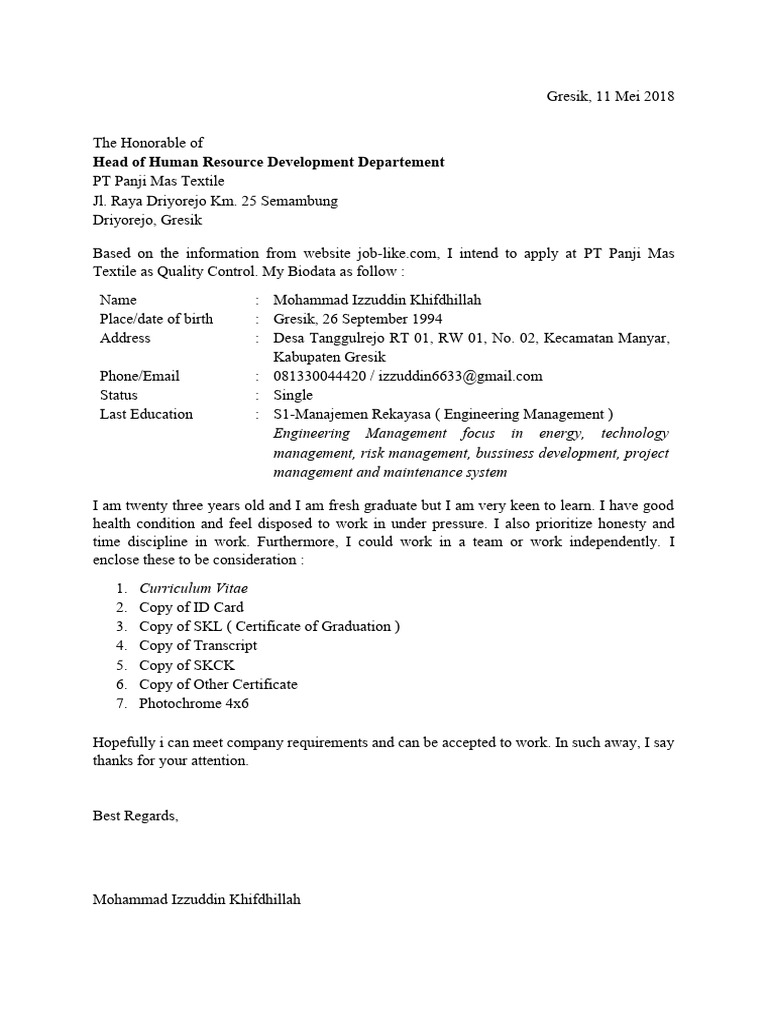 Surat Lamaran - Mohammad Izzuddin | PDF | Engineering | Business