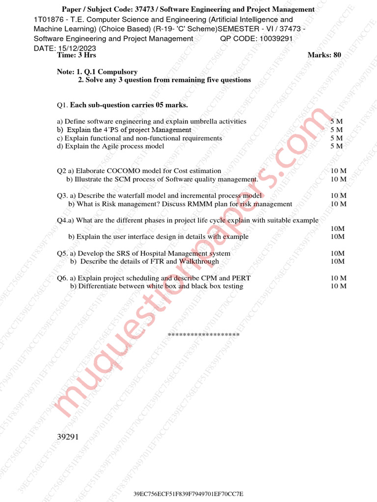 Be - Computer Engineering Ai, DS, ML - Semester 6 - 2023 - December - Software Engineering and ...