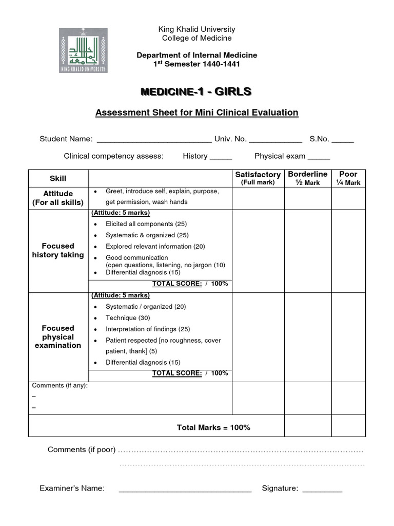 Med 1 Girls Mini Clinical Mark Sheet Oct 2019 Pdf Health Sciences 5534