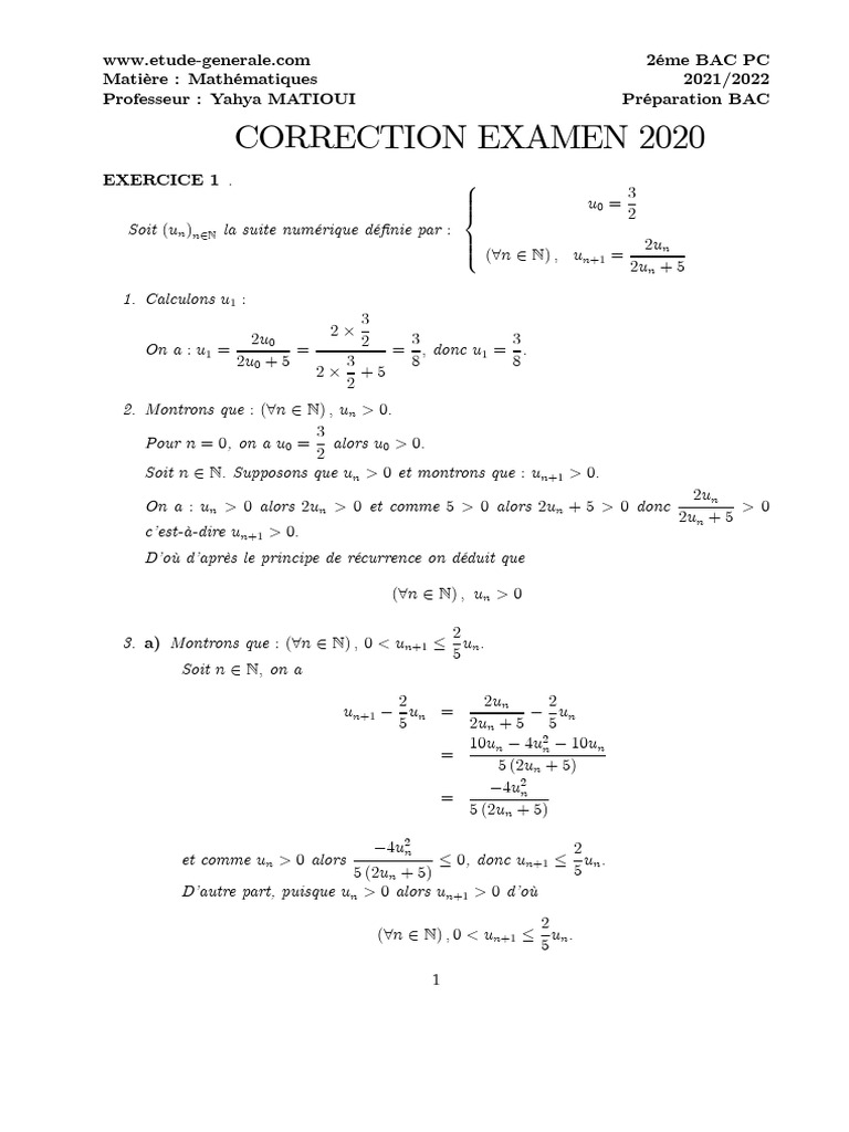 Correction Examen National Math 2020 | PDF | Mathématiques