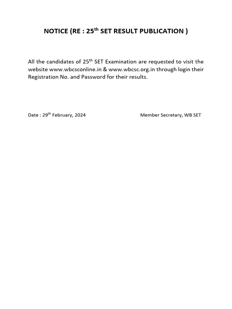 25th SET Result Publication Notice | PDF