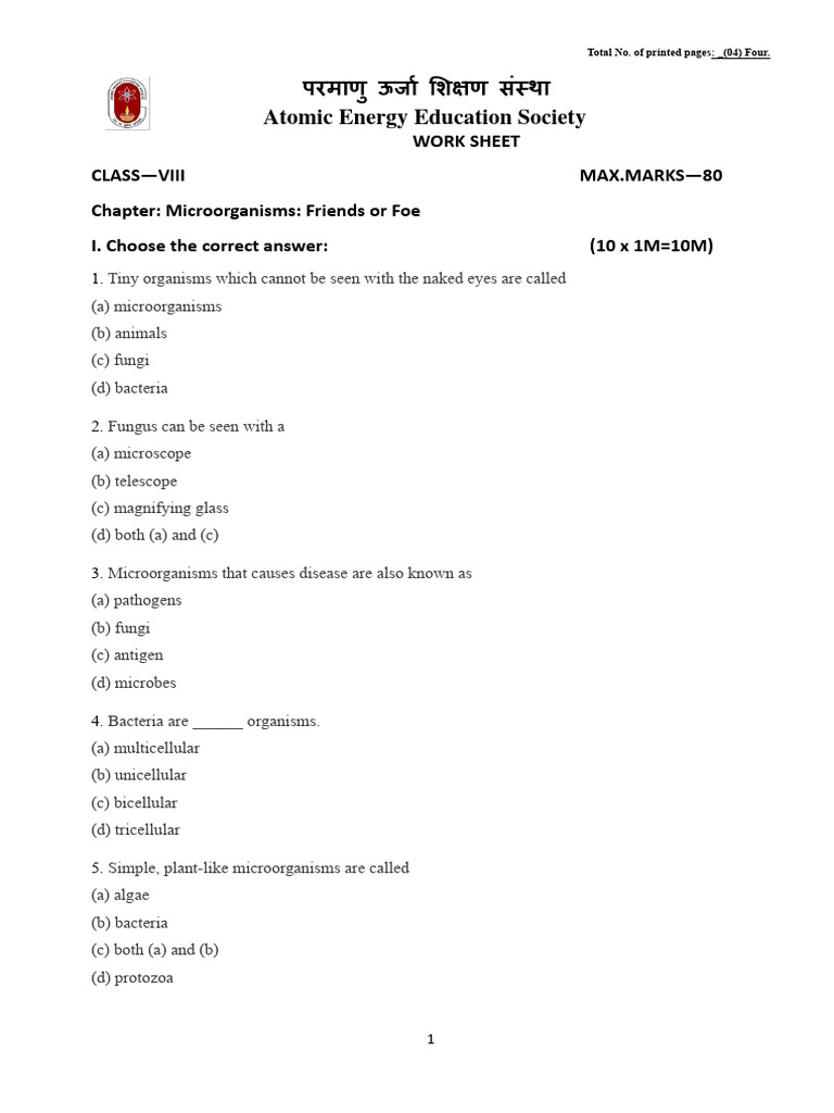Class 8 Microorganisms Worksheet | PDF | Microorganism | Pathogen