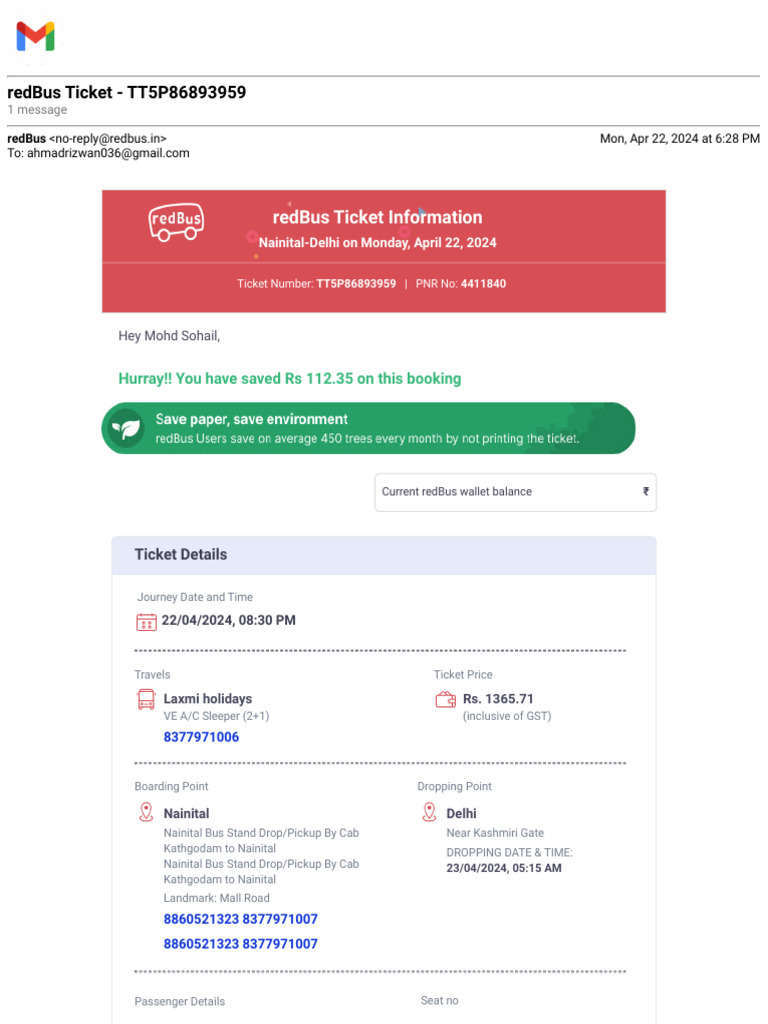Gmail - Redbus Ticket - TT5P86893959 | PDF | Bus | Service Industries