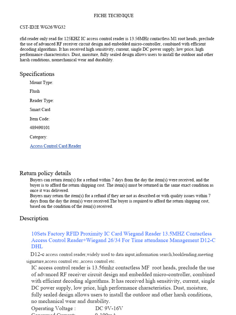 Fiche Technique Cst-Id2e | PDF | Radio Frequency Identification | Access Control
