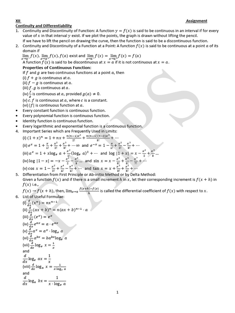 Continuity and Differentiability Assignment | PDF | Function ... Continuity and Differentiability Assignment | PDF | Function ...