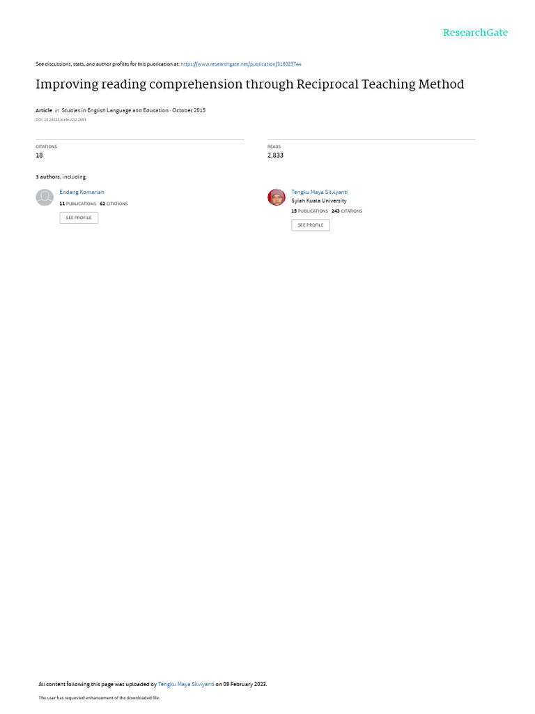 Improving Reading Comprehension Through Reciprocal Teaching Method ...