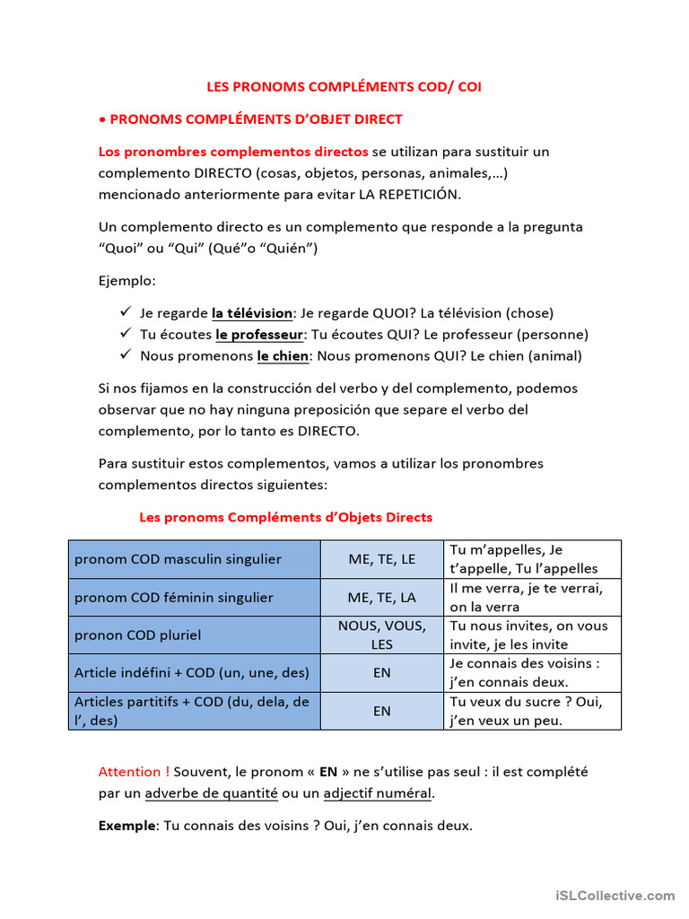 Les Pronoms COD Et COI | PDF | Complément d'objet | Pronom