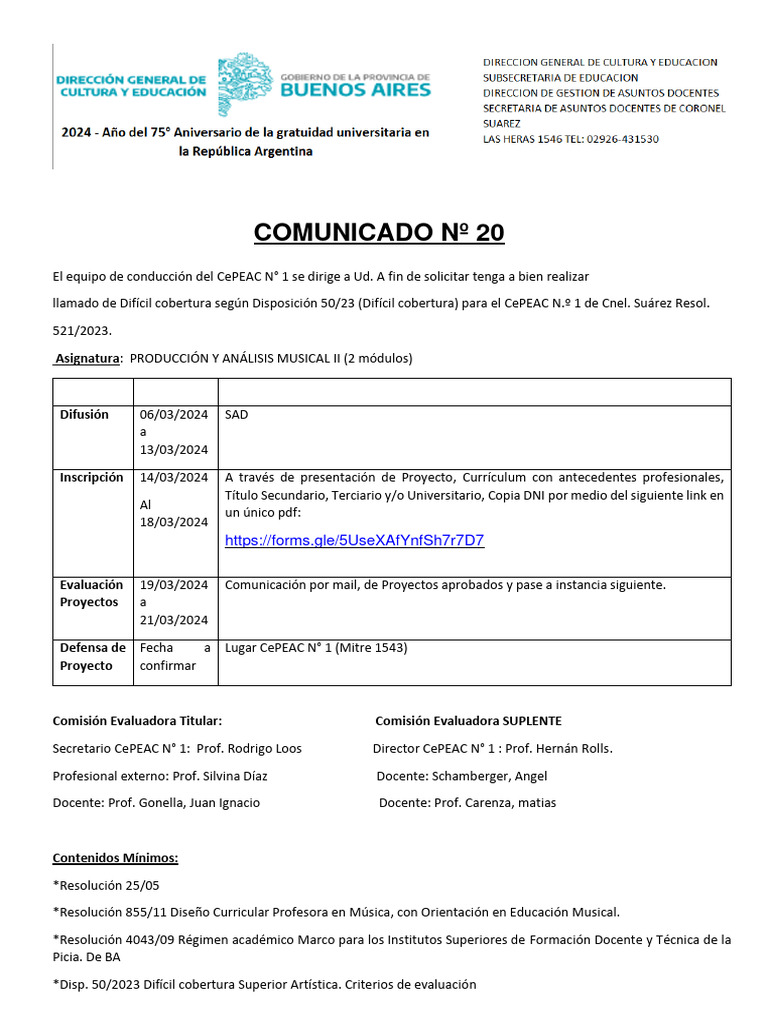 Comunicado 20 Dif Cobert Produccion y Analisis Musical Ii | PDF