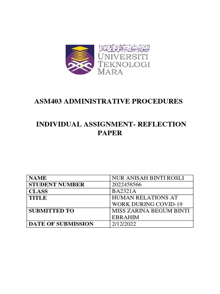 Asm403 Reflection Paper Pdf Psychology Behavioural Sciences