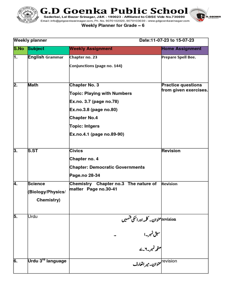 Grade 6 Weekly Planner 11.07.2023 | PDF | Linguistics