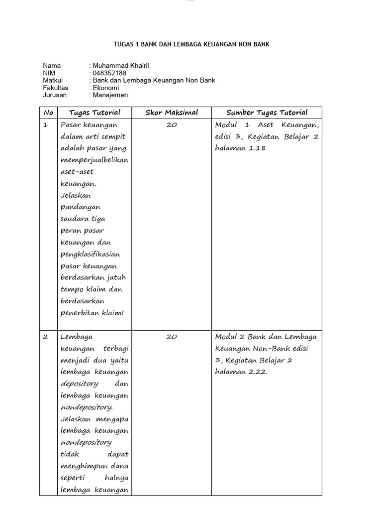 Tugas 1 Bank Dan Lembaga Keuangan Non Bank EKSI 4205 | PDF | Pengelolaan Keuangan & Uang