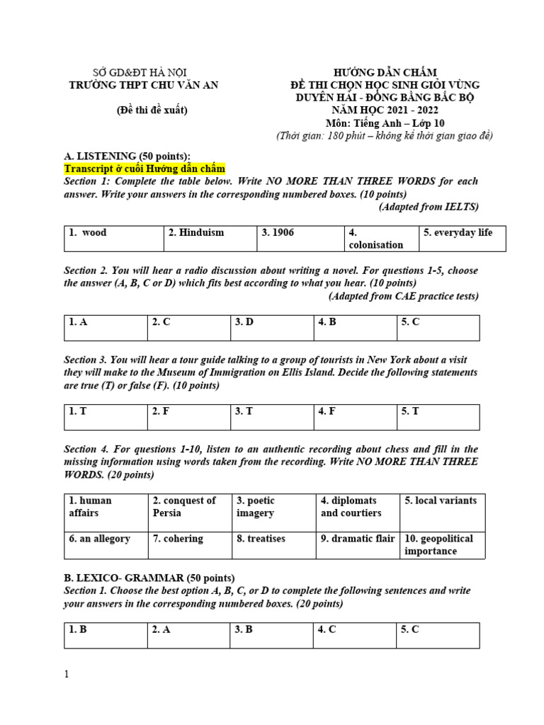 Huong Dan Cham - De de Xuat Thpt Chu Van an - Anh 10 | PDF | Chess | Bali