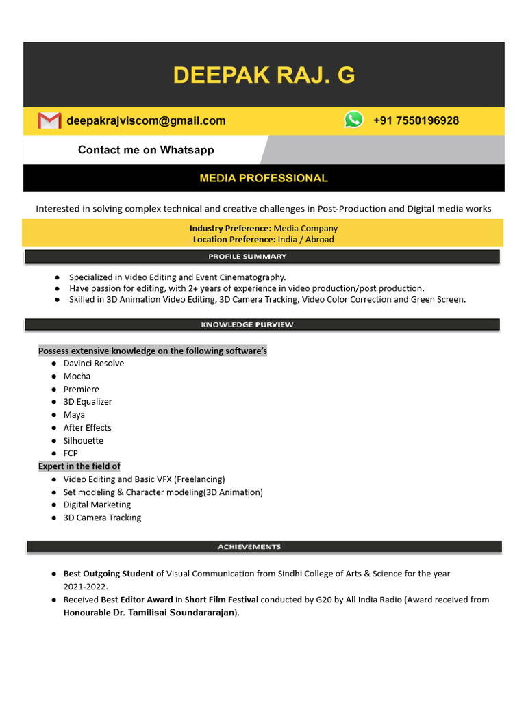 Deepak Resume | PDF | Cinematography | Editing