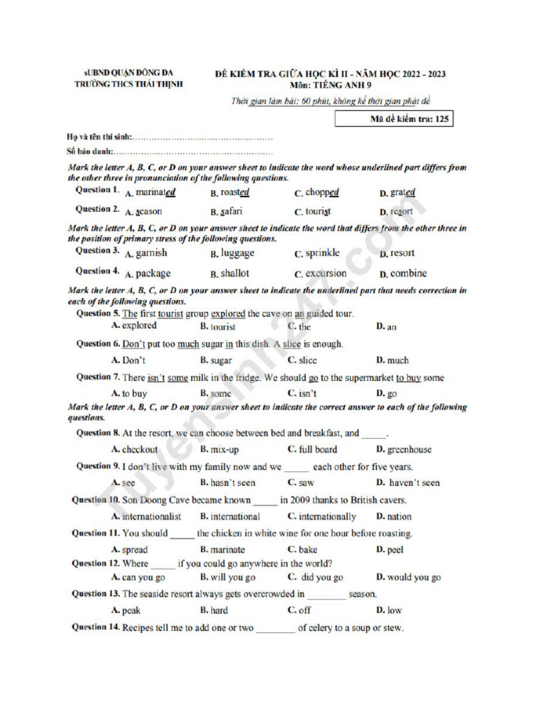 đề thi gk 2 lớp 9 | PDF