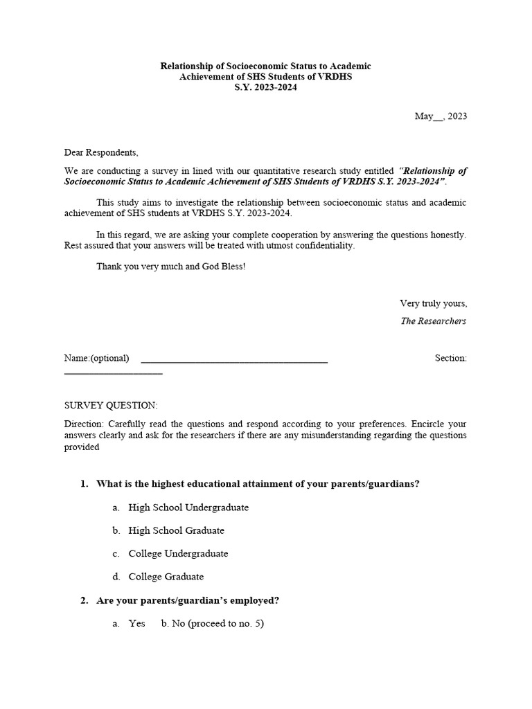 Survey Questionnaires | PDF | Socioeconomic Status