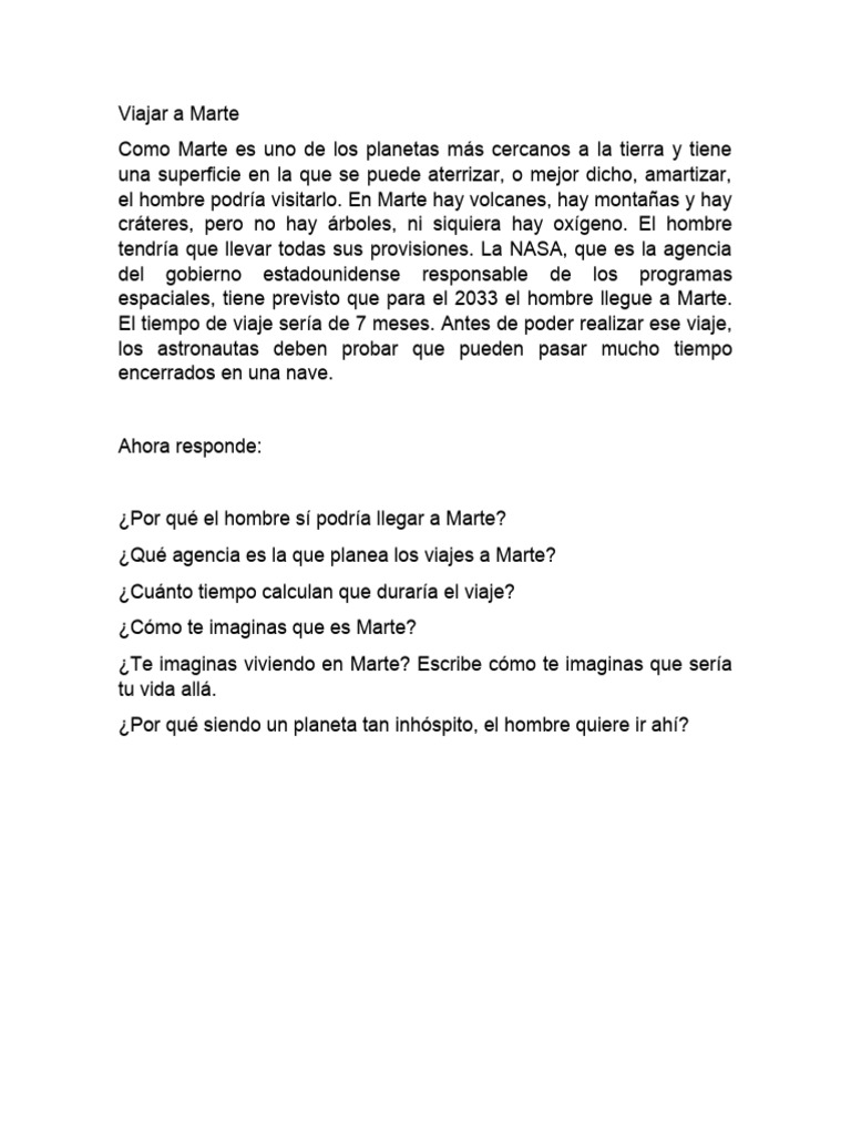 EJERCICIO DE COMPRENSION LECTORA Viajar Marte | PDF | Ciencia y ...