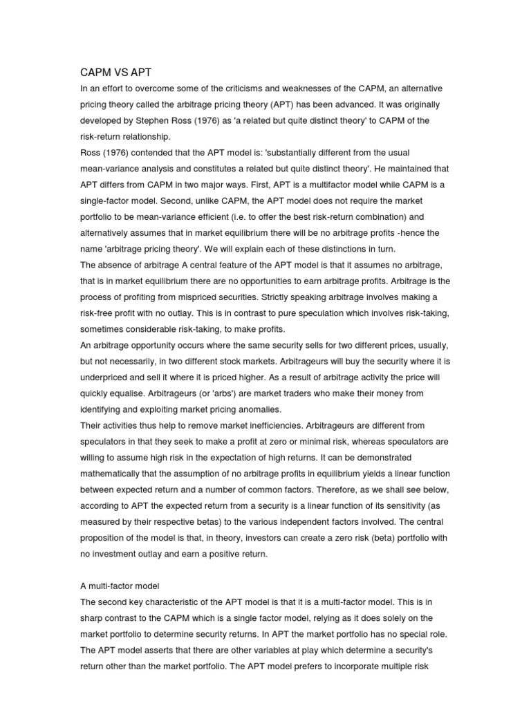 Capm VS Apt | Download Free PDF | Capital Asset Pricing Model | Arbitrage