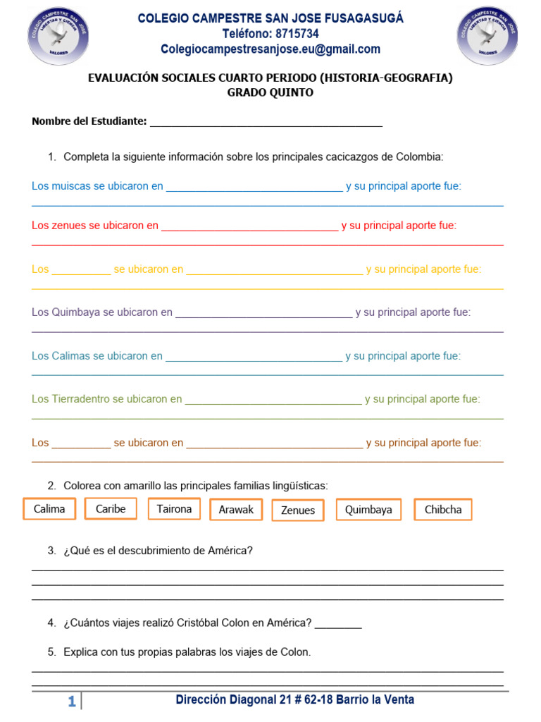 evaluacion ciencias sociales grado Quinto CUARTO PERIODO | PDF