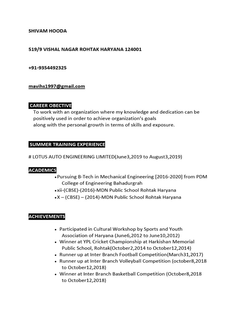 Shivam Hooda Resume: Mechanical Engineer | PDF
