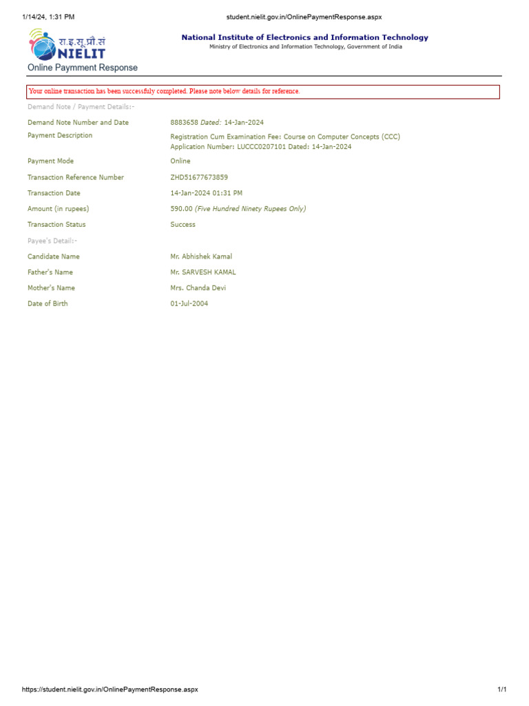 student.nielit.gov.in_OnlinePaymentResponse.aspx | PDF