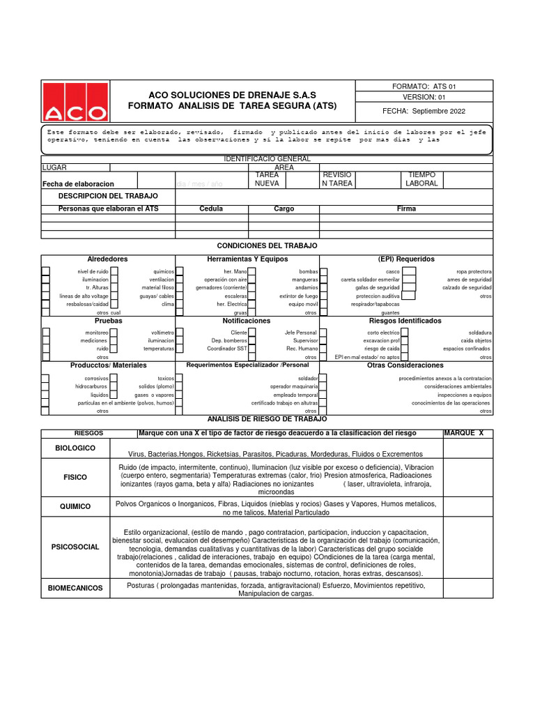 Aco Soluciones de Drenaje S.A.S Formato Analisis de Tarea Segura (Ats) | Descargar gratis PDF ...